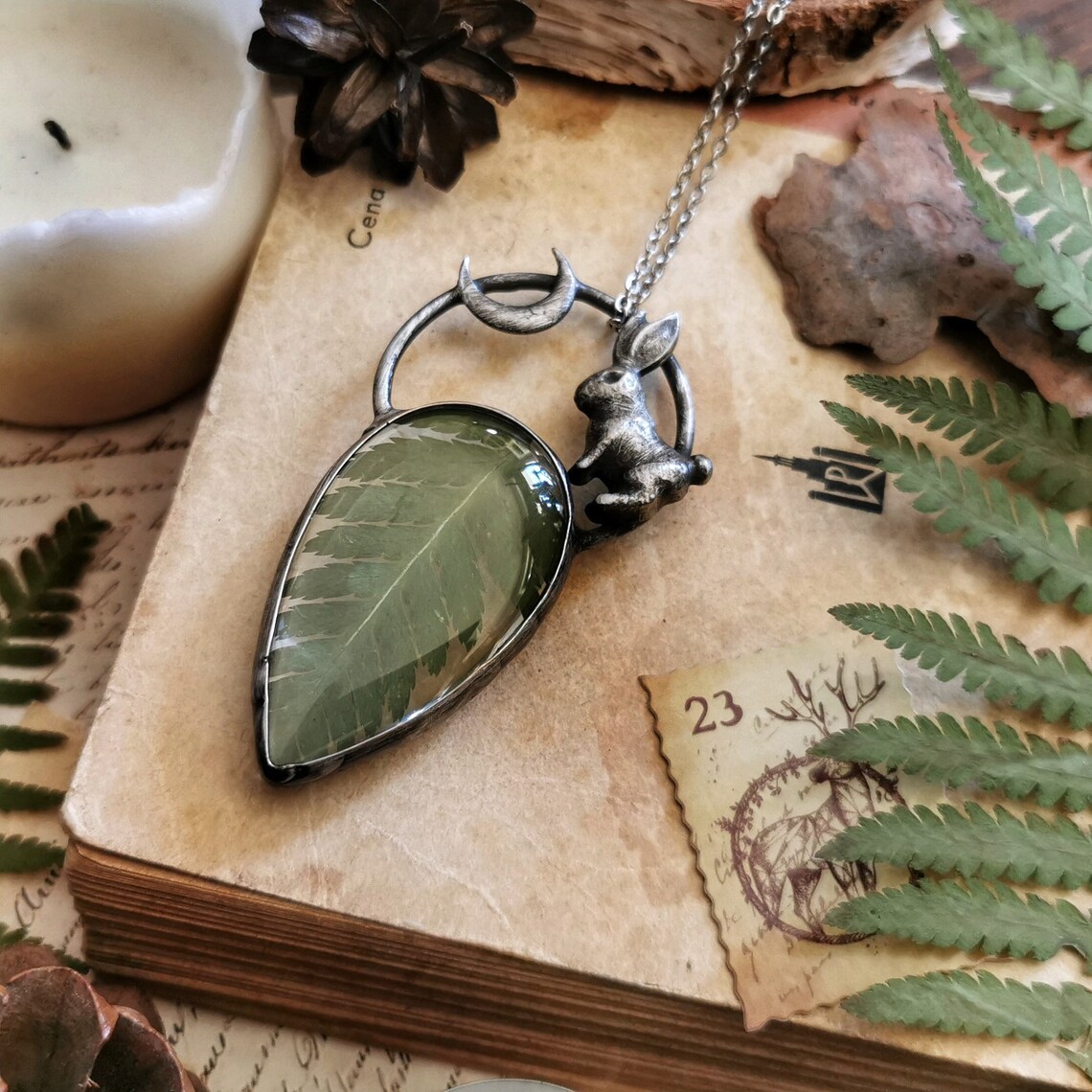 Real Fern Pendant, Cottagecore Pendant, Crescent Moon Pendant, Pressed ...