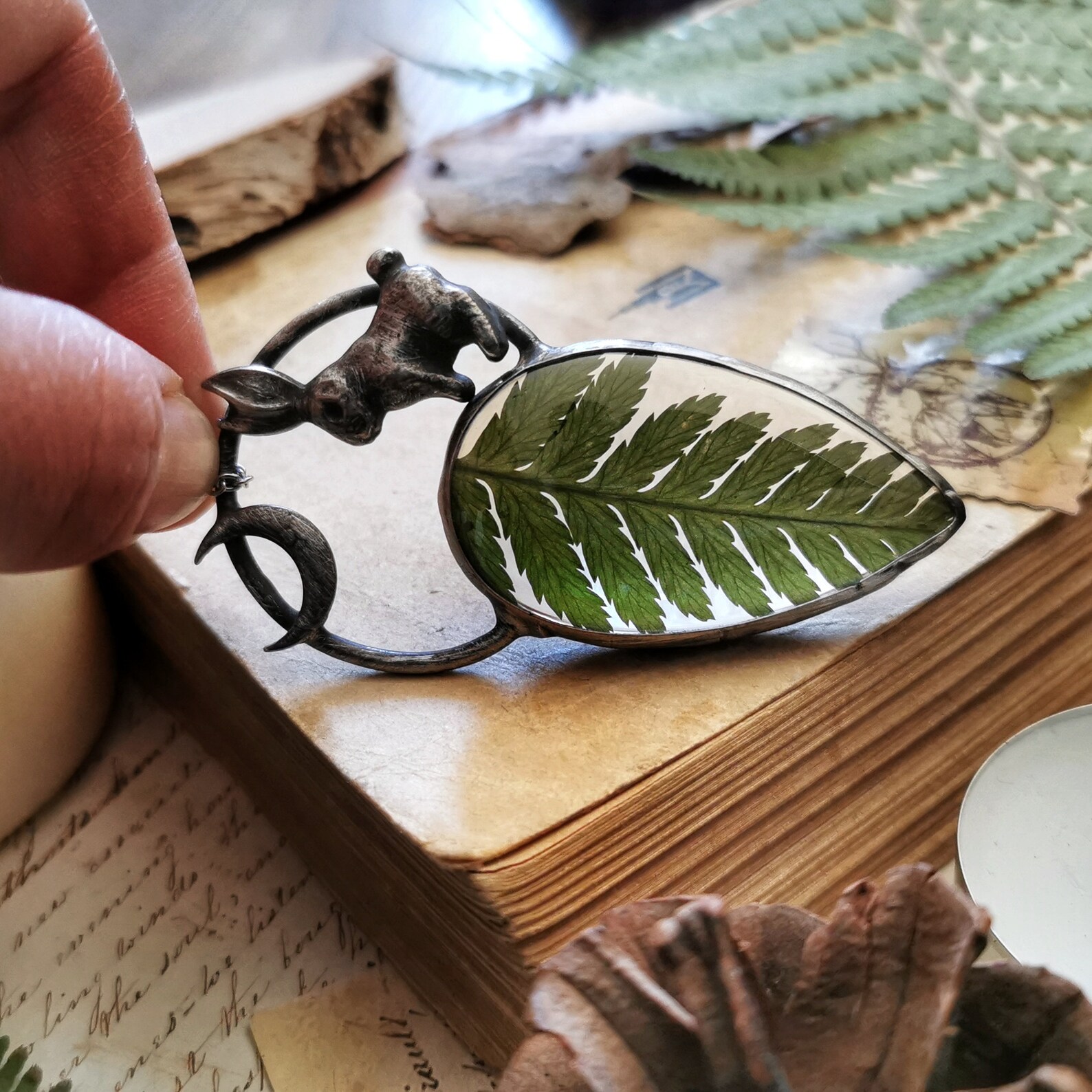 Real Fern Pendant, Cottagecore Pendant, Crescent Moon Pendant, Pressed ...