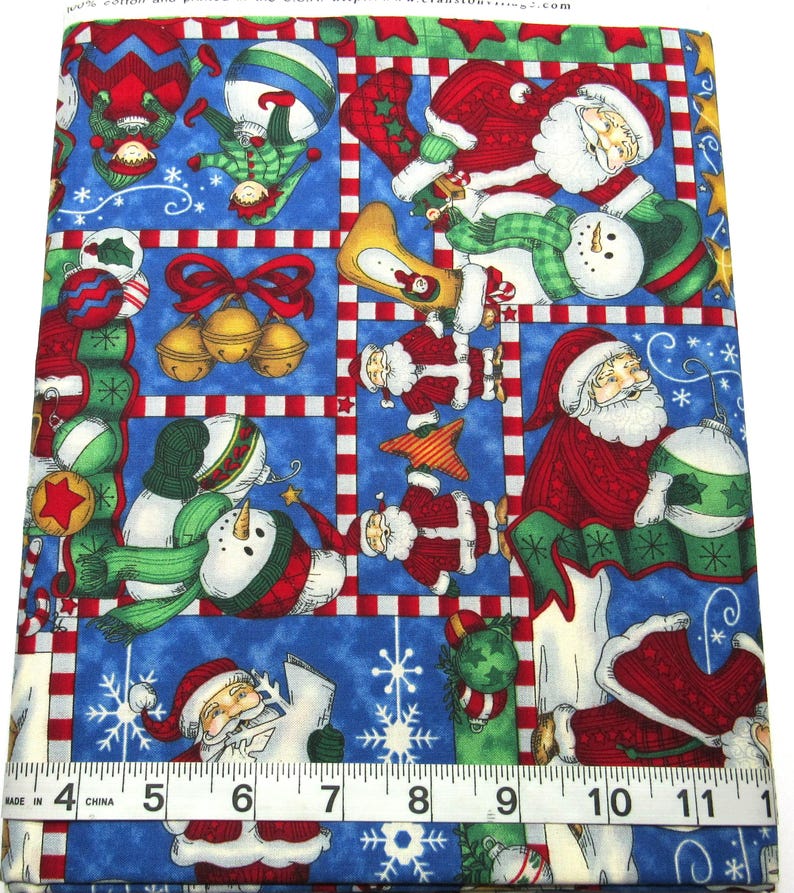 Buy Vintage Christmas Fabric: Patchwork Santa, Elves, Snowmen Print ...