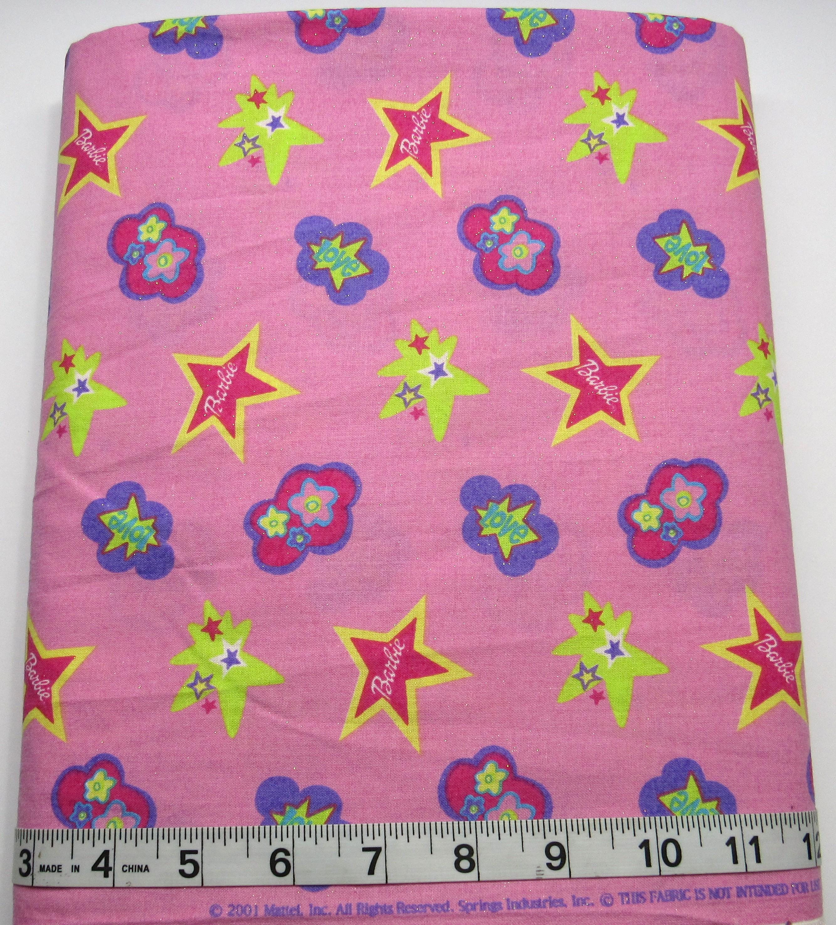 Vintage 2001 Barbie Glittered Pink Cotton Sew Quilt Craft Fabric BTY ...