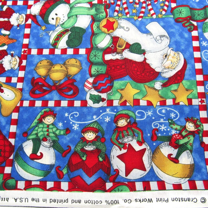 Buy Vintage Christmas Fabric: Patchwork Santa, Elves, Snowmen Print ...