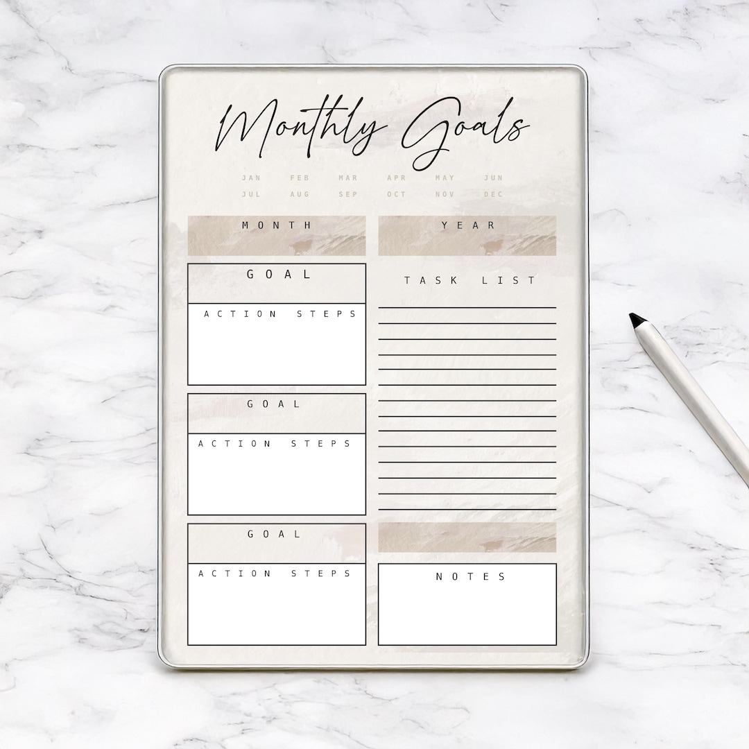 Digital Monthly Goals Planner | Printable Monthly Goals Planner | A4 ...