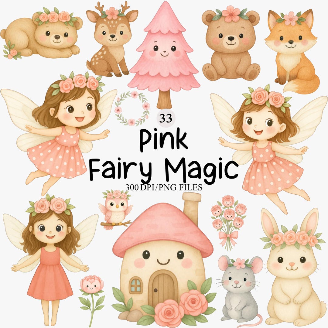 Pink Fairy Magic Clipart, Watercolor Woodland Animals & Fairy House PNG ...