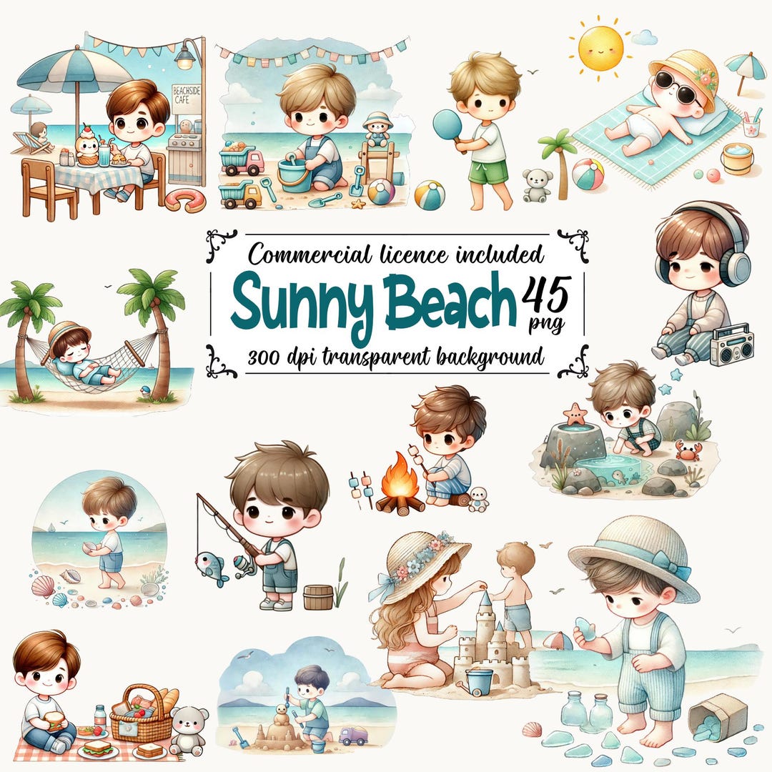 Sunny Beach Day Clipart Bundle, Watercolor Summer Clipart PNG, Beach ...