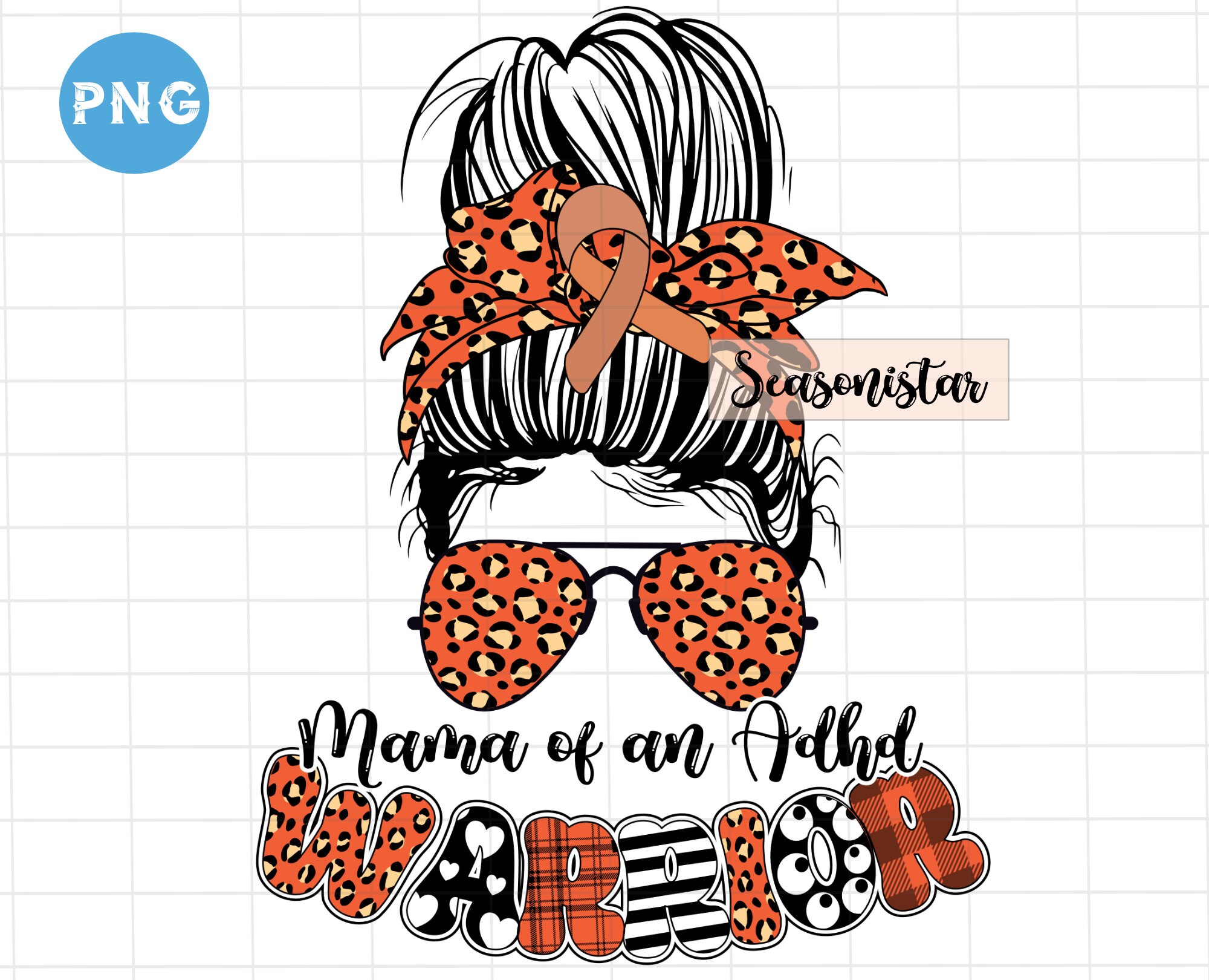 Mama of an ADHD Warrior Messy Bun Sublimation Png, ADHD Leopard ...