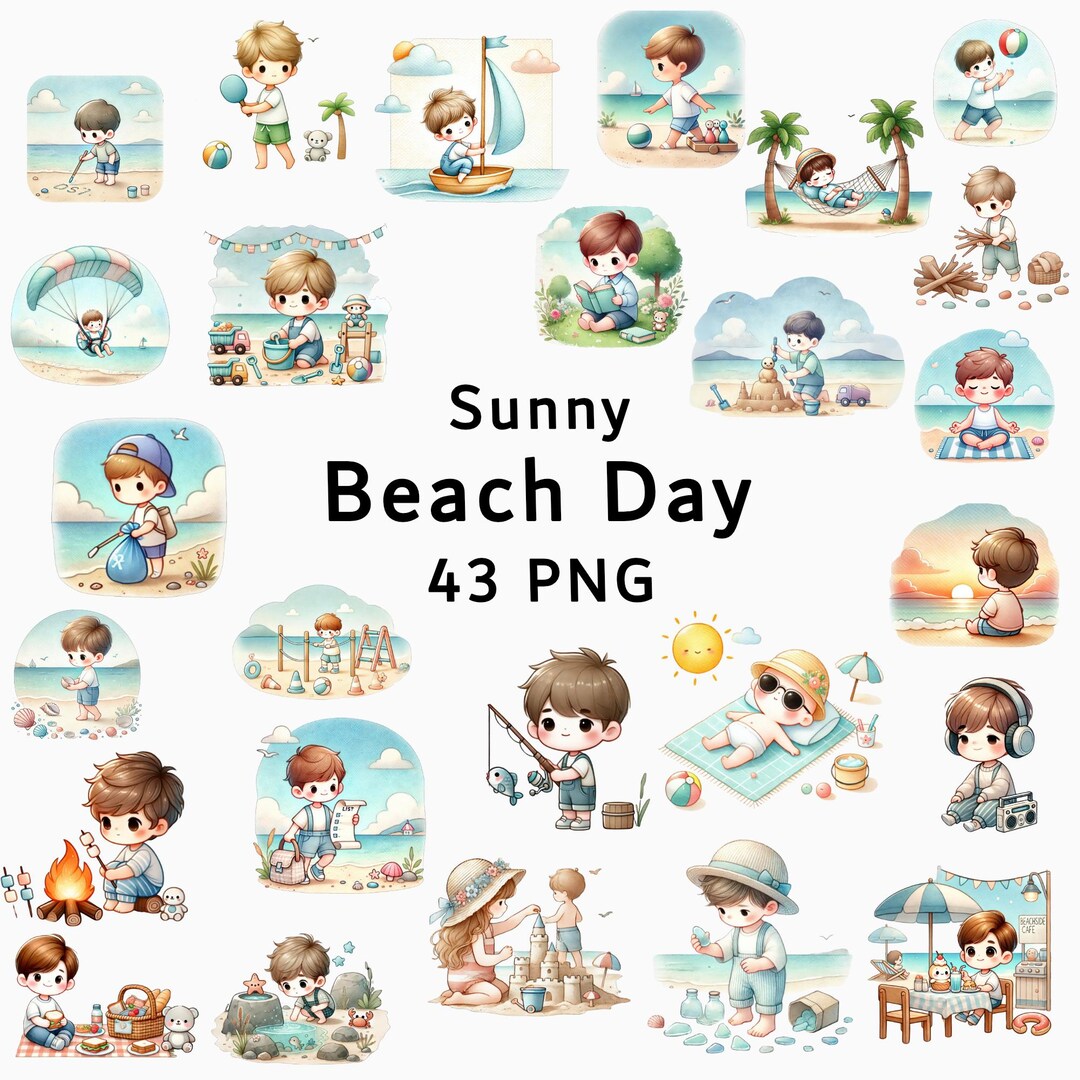 Sunny Beach Day Clipart, Cozy Summer Beach Vacation PNG, Pastel Seaside ...