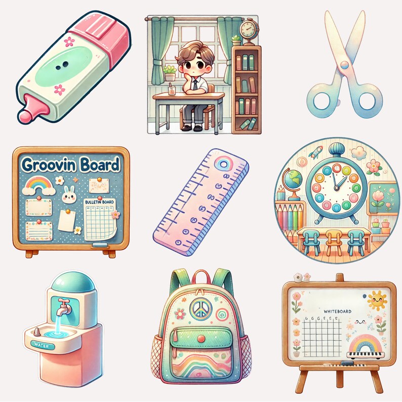 Back to School Watercolor Clipart, Retro Groovy School Clipart Mega ...