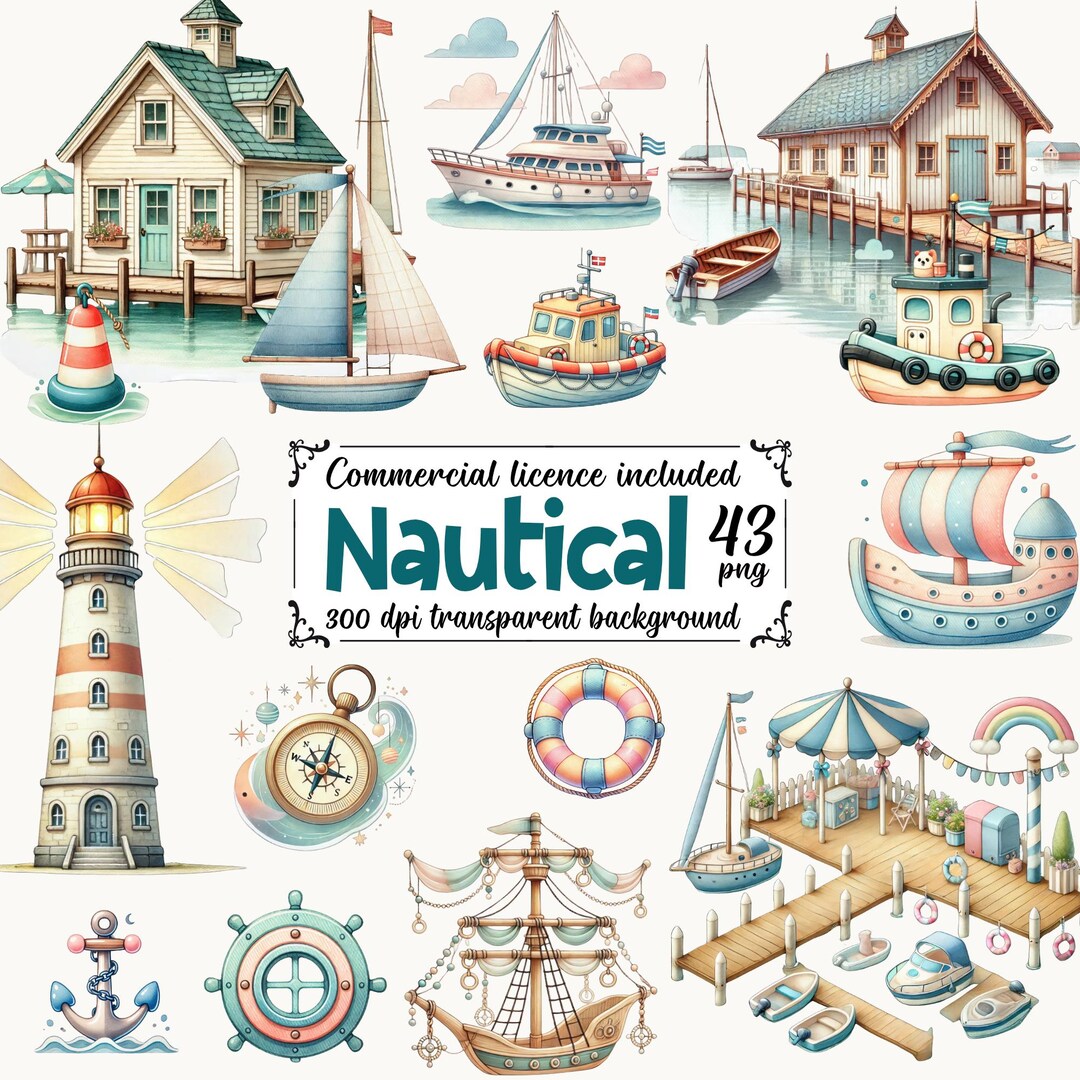 Watercolor Nautical Clipart Bundle, Sailboat and Lighthouse PNG ...