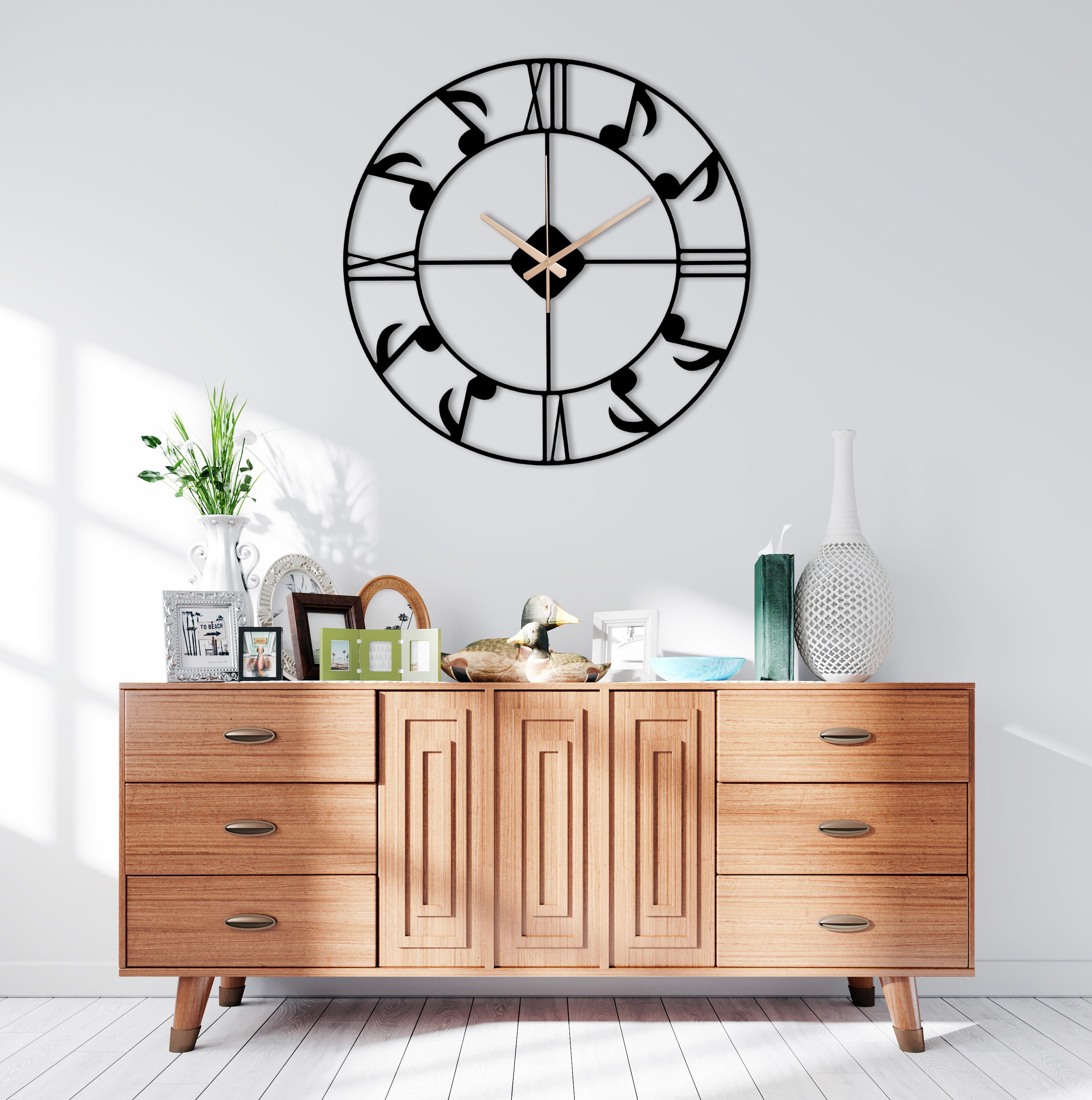 Music Symbols Metal Wall Clock,black Silent Art Deco Clock, Minimalist ...