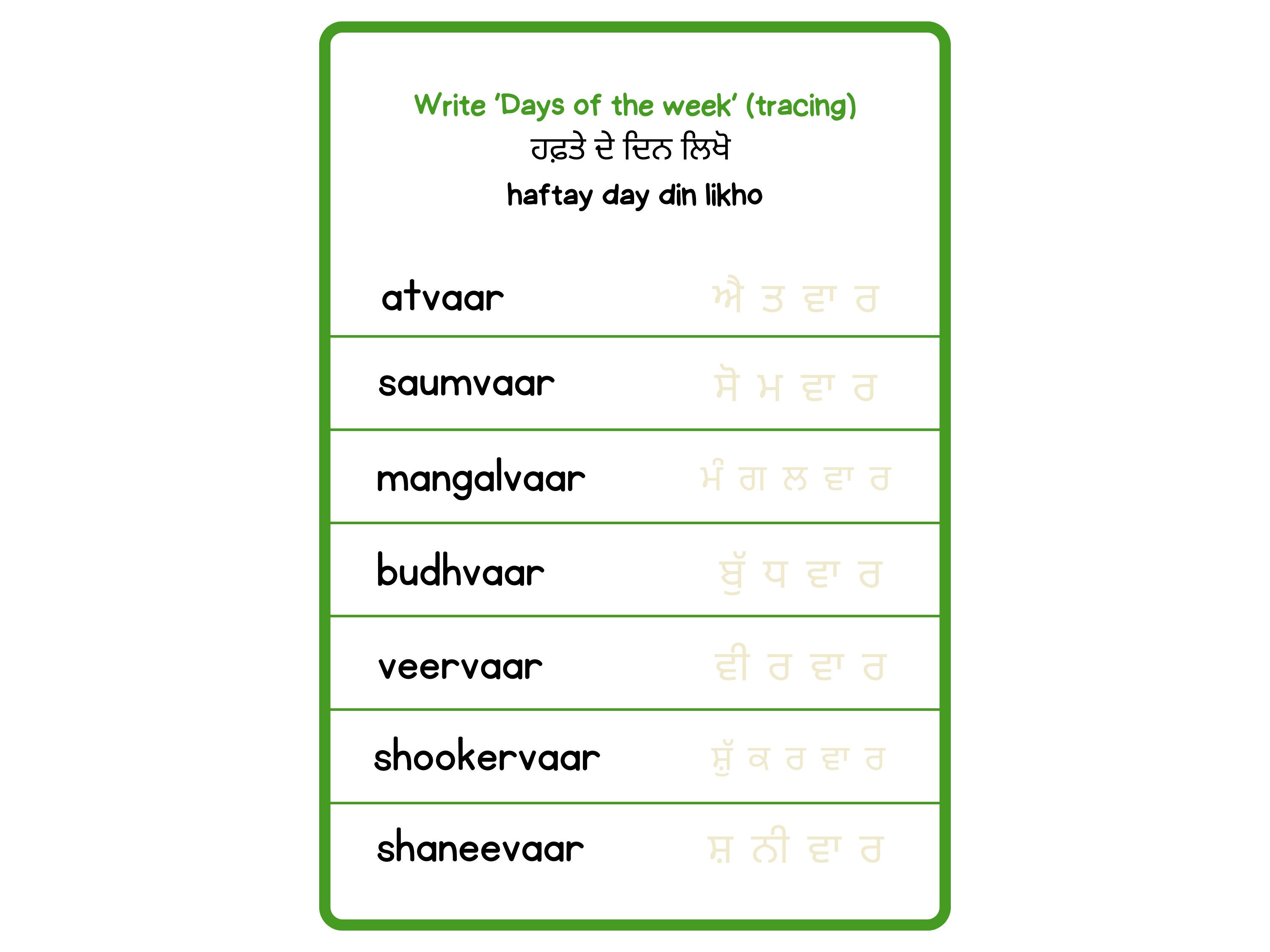 Learn Punjabi - Numbers and Days of the Week in Gurmukhi - Etsy