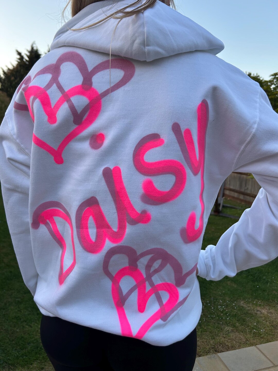 Personalised Graffiti Sprayed White Hoodie: Custom Name & Hearts - Gym ...