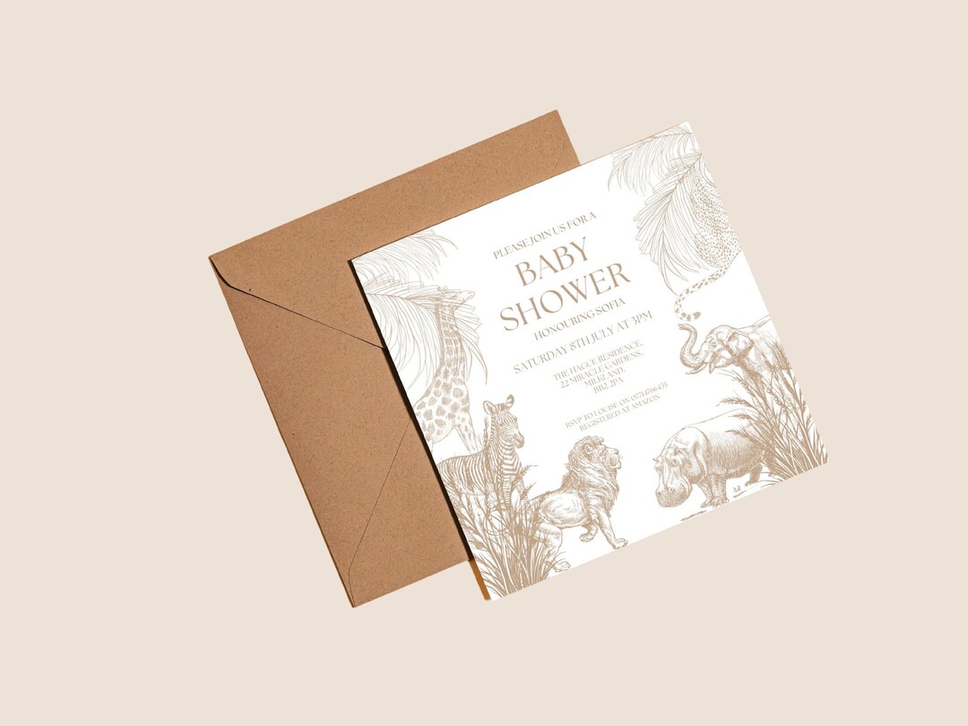 Neutral Safari Baby Shower Invitation Digital Template, Animals Baby ...