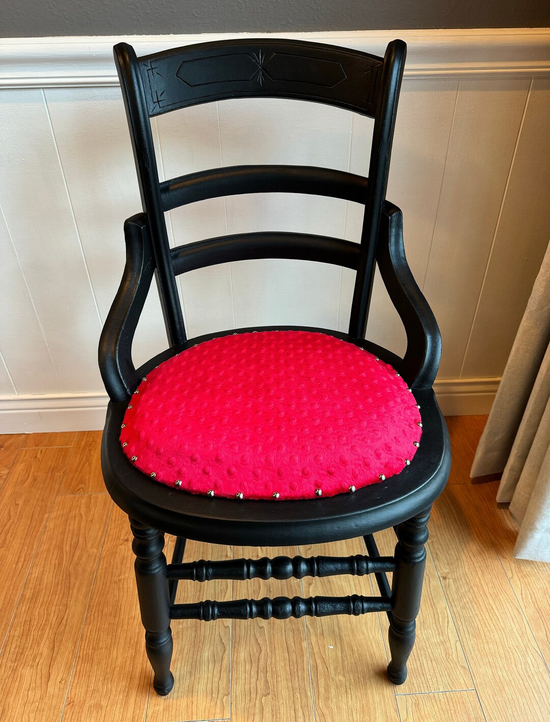 Hand Carved Black Chair With Red Candlewick Reholstered Fabric - Etsy