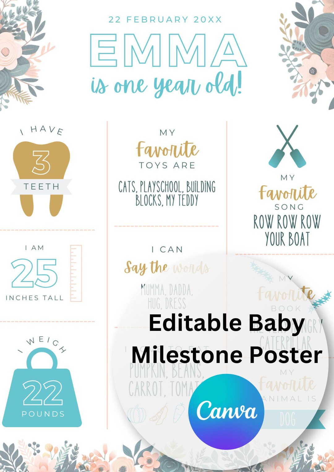 First-year Baby Milestone Poster-editable Canva Template baby ...