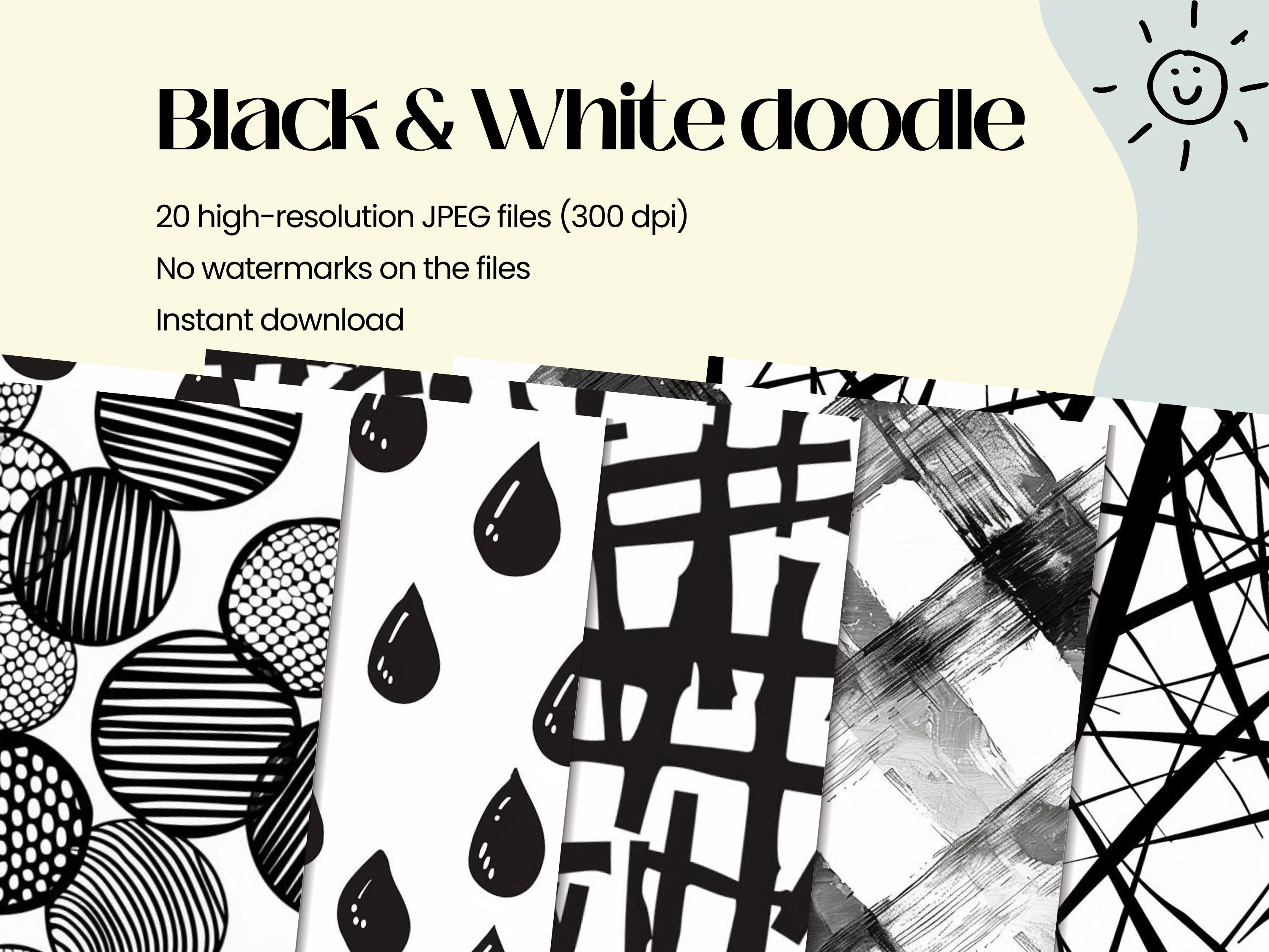 Black & White Doodle Digital Paper(not in Seamless) Pattern, Black and ...