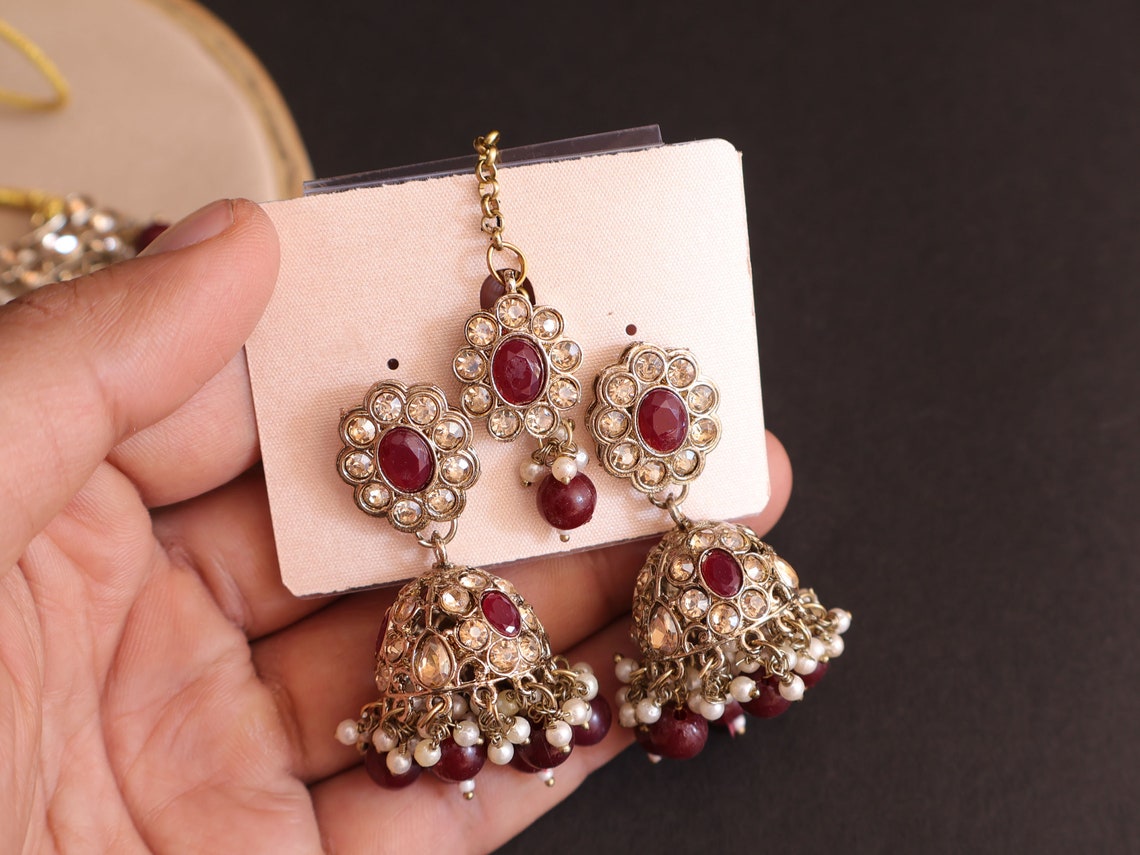 Maroon Beaded Indian Necklace: Polki Stone, Pearl Drop, Party Jewelry ...