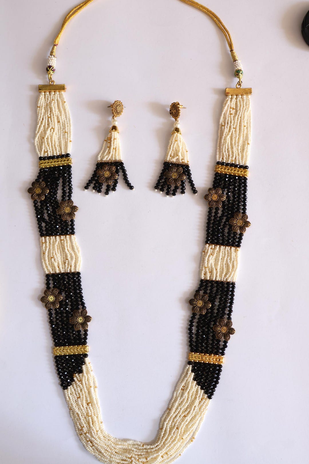 Beautiful Indian Black & Cream Long Rani Haar With Dangle Earring ...