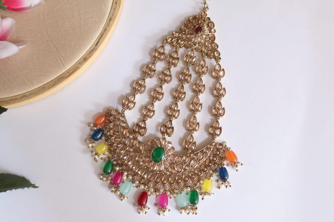 Traditional Indian Polki Stone Multi Color Passa/jhoomer, Bridal Passa, Hijab Headpiece, Antique ...