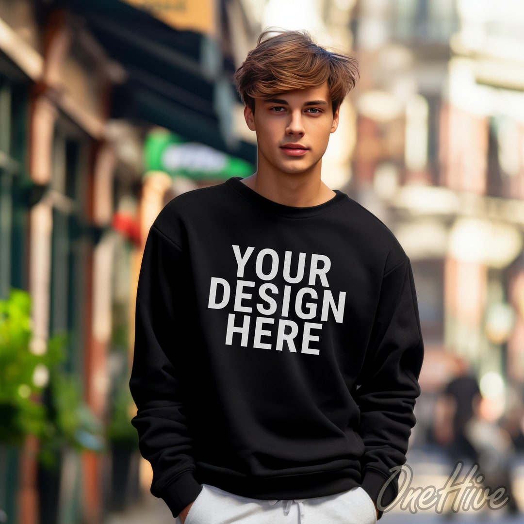 Gildan 18000 Mockup Black Sweatshirt, Male Model Gildan Sweater, Trendy ...