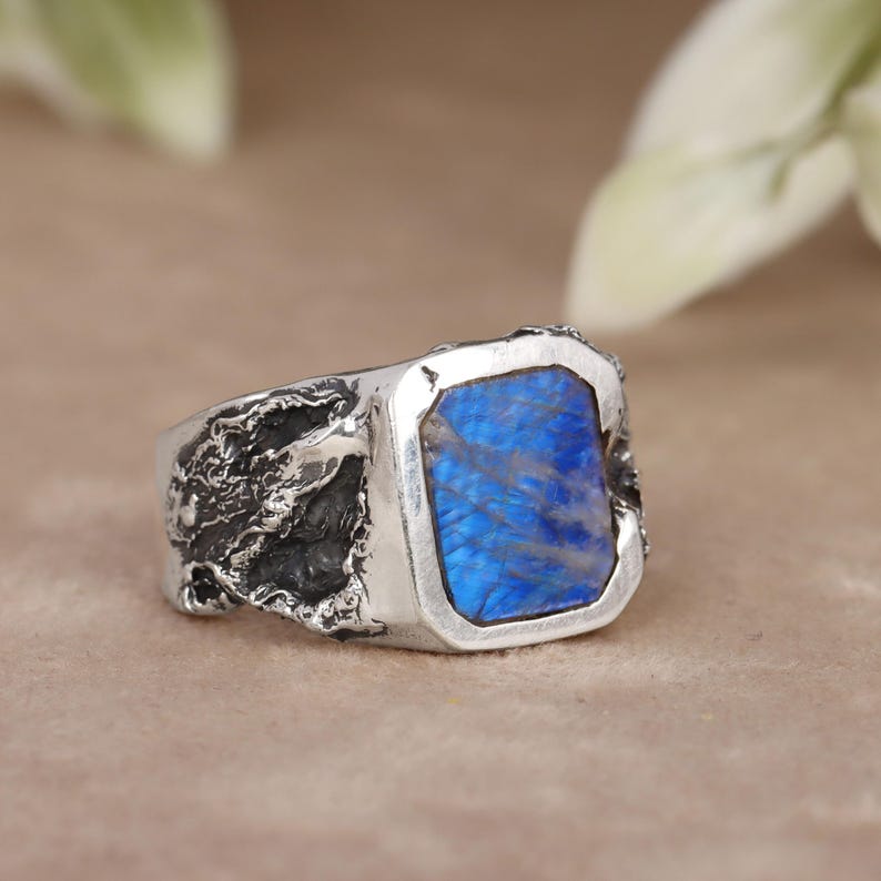 Natural Labradorite Men's Signet Ring: 925 Sterling Silver - Etsy