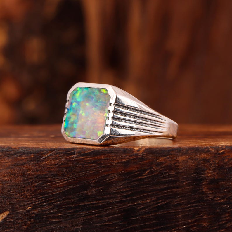 Multi Color Fire Opal Sterling Silver Ring: Men's Signet Promise Ring ...