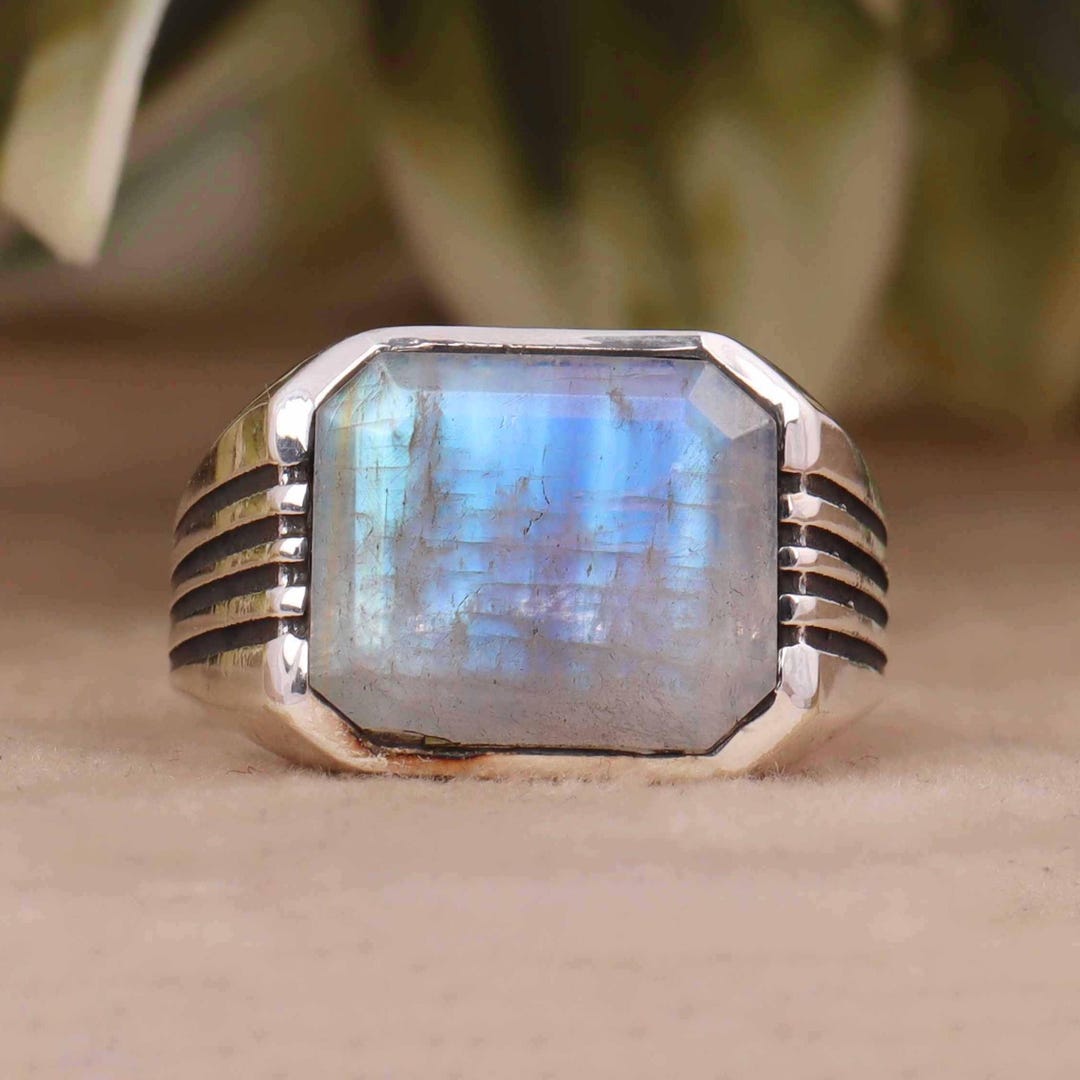 Rainbow Moonstone Men's Signet Ring: Handmade Sterling Silver - Etsy