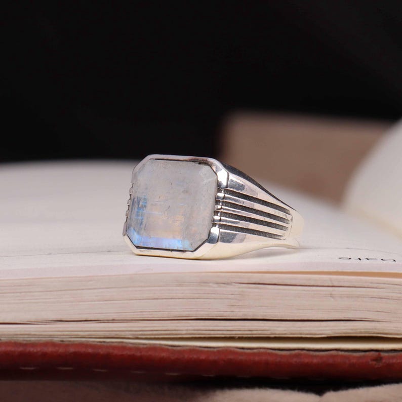 Rainbow Moonstone Men's Signet Ring: Handmade Sterling Silver - Etsy