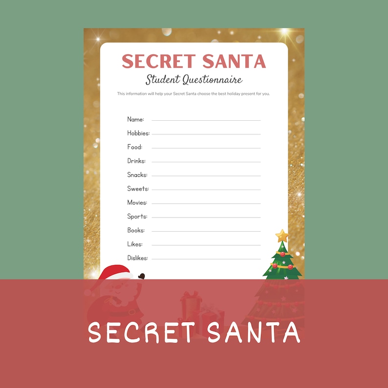 Printable Secret Santa Questionnaire for Christmas Gift Exchange Secret ...