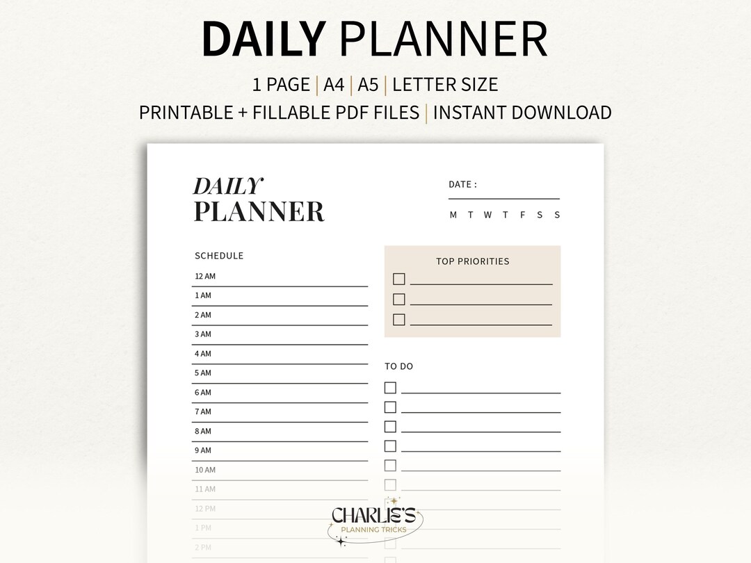 Daily Planner Printable Fillable Planner Productivity - Etsy