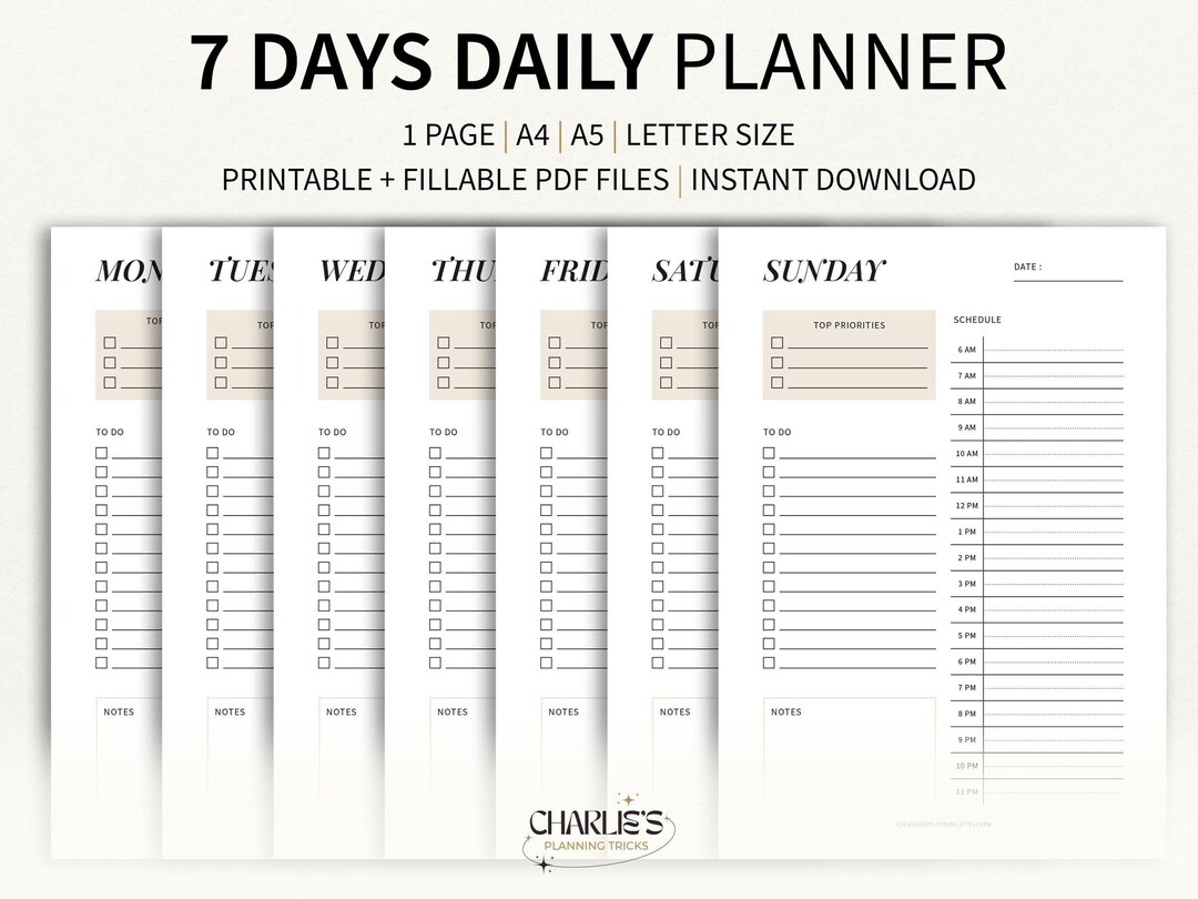 7 Day Planner Printable Fillable Planner Daily Planner 7 - Etsy