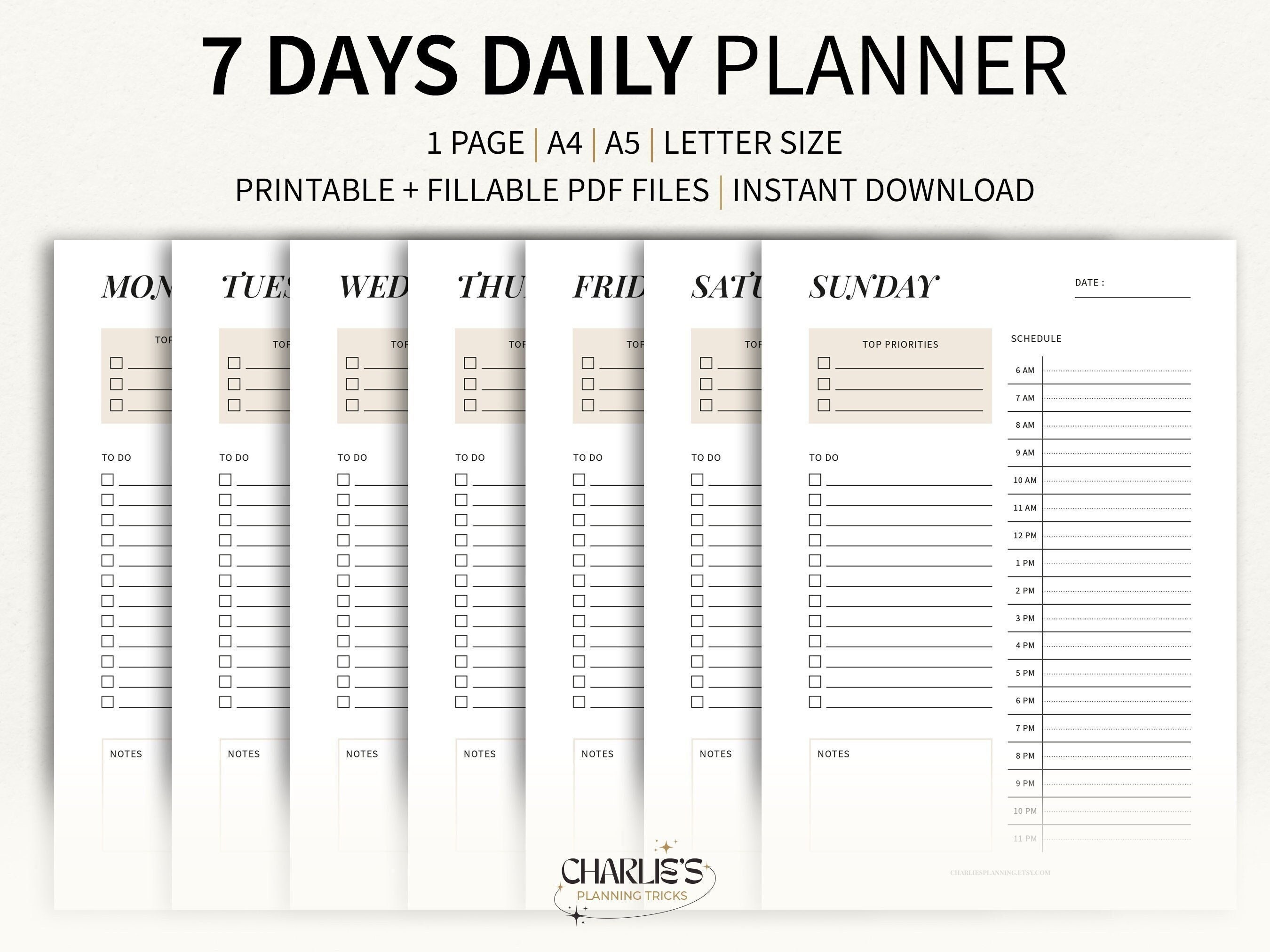 7 Day Planner Printable Fillable Planner Daily Planner 7 - Etsy