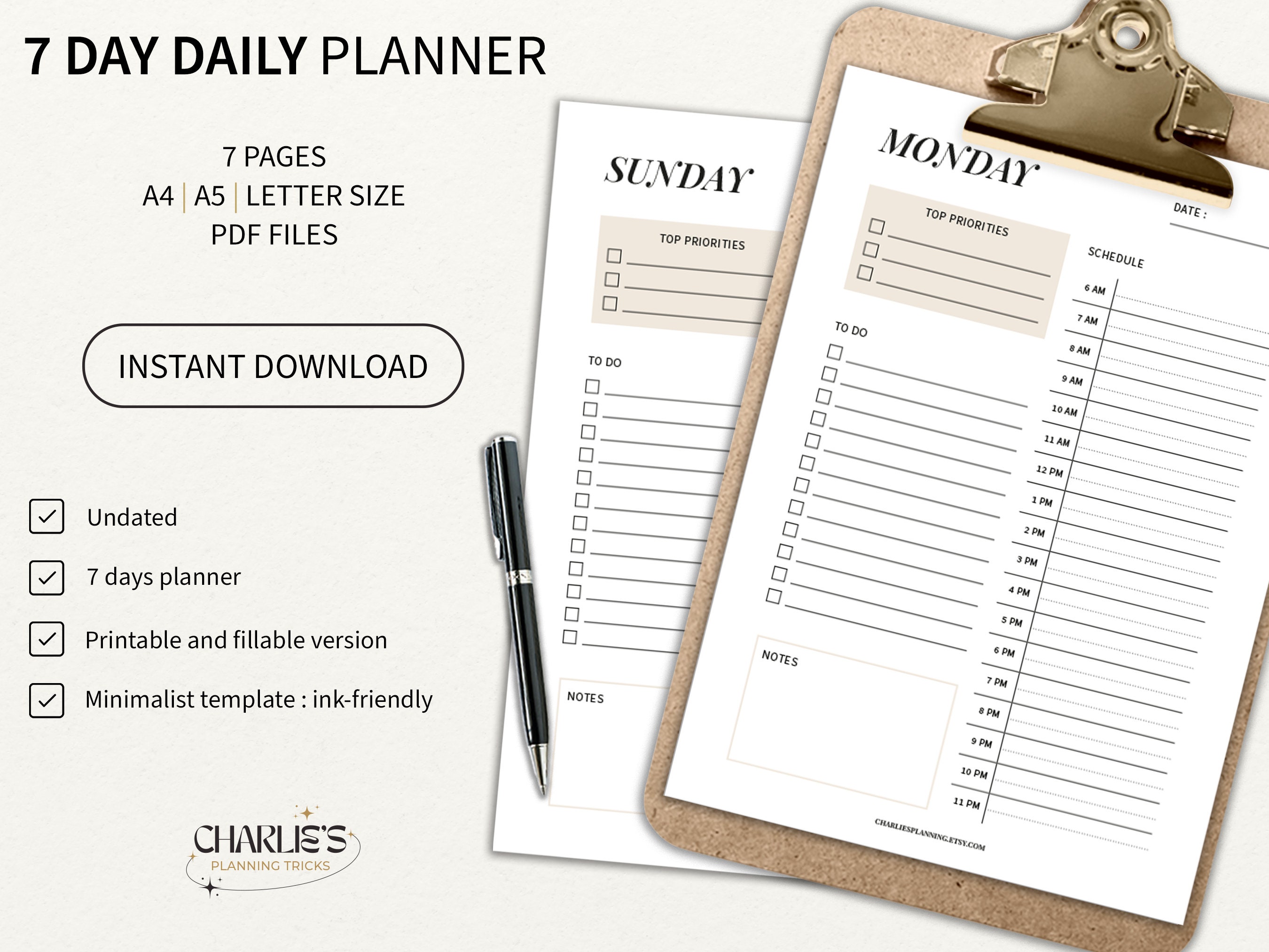 7 Day Planner Printable Fillable Planner Daily Planner 7 - Etsy