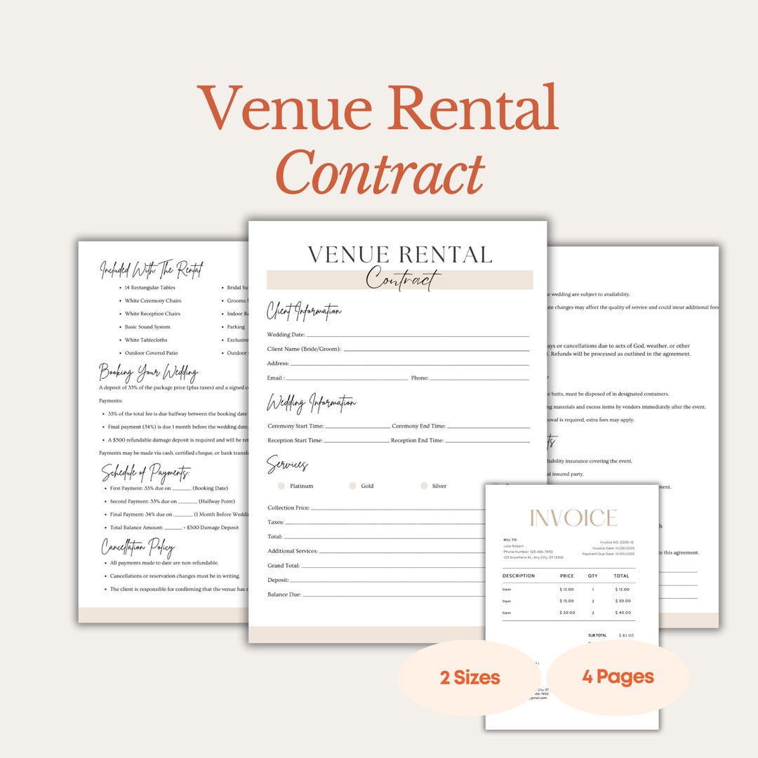 Venue Rental Contract Form, Venue Rental Agreement Template, Wedding ...