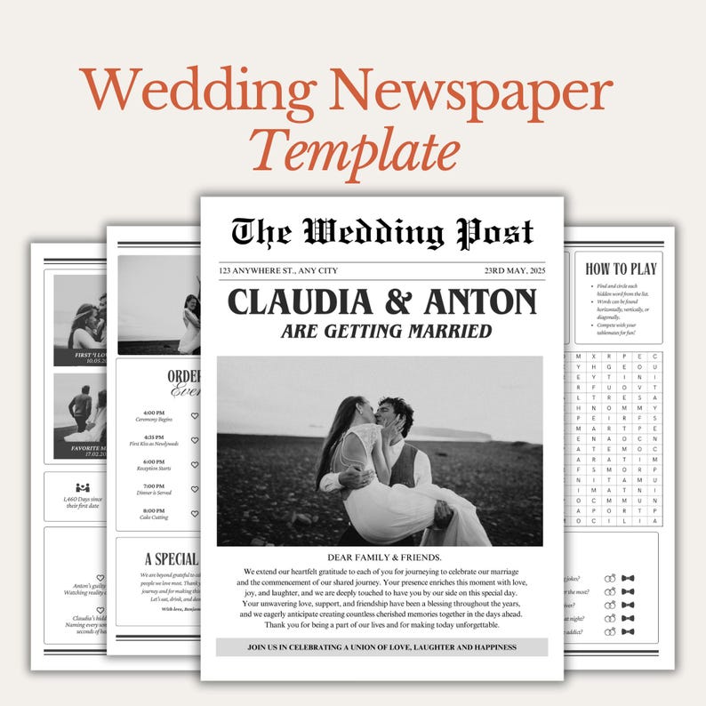 Wedding Newspaper Template, Wedding Program Template, Editable ...