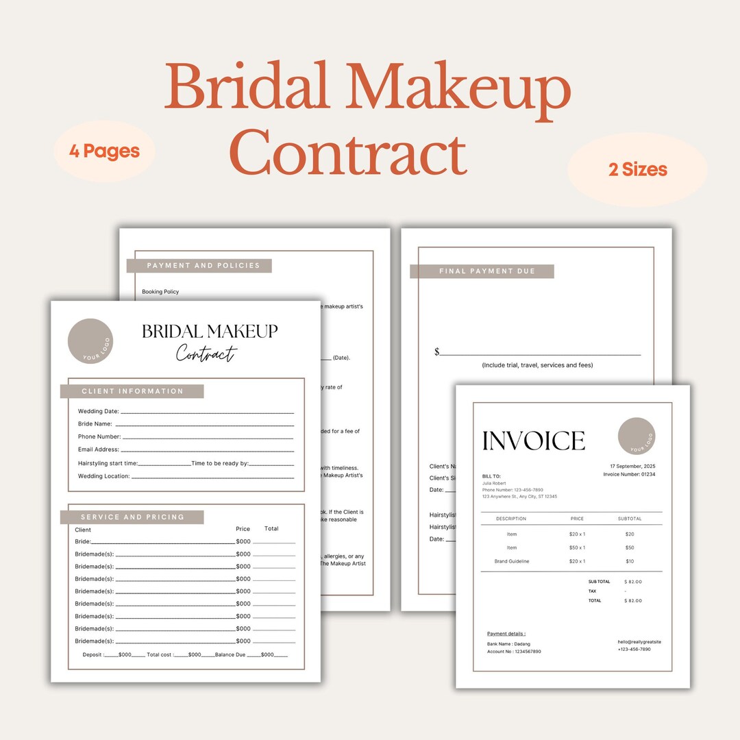 Editable Bridal Makeup Contract Template, Professional Makeup Contract ...
