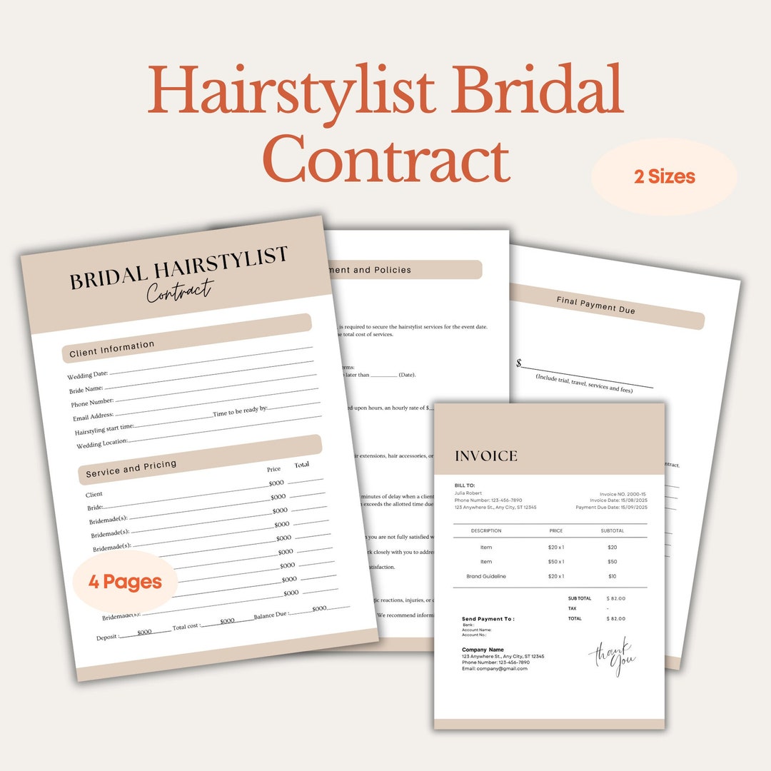 Editable Bridal Hair Contract Template | Bridal Hairstylist Contract ...