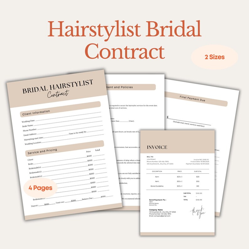 Editable Bridal Hair Contract Template | Bridal Hairstylist Contract ...