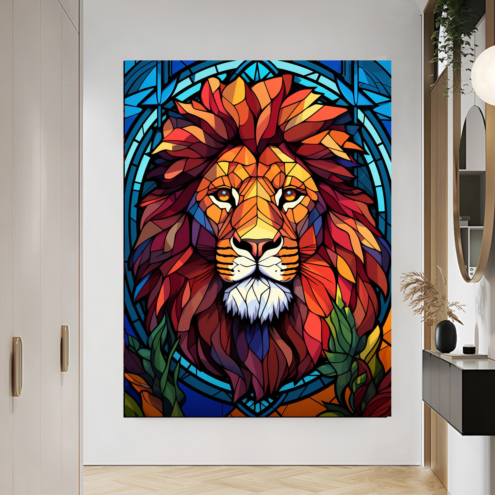 Lion Stained Glass Wall Art, Lion Glass Art, Office Decor, Animal Wall ...
