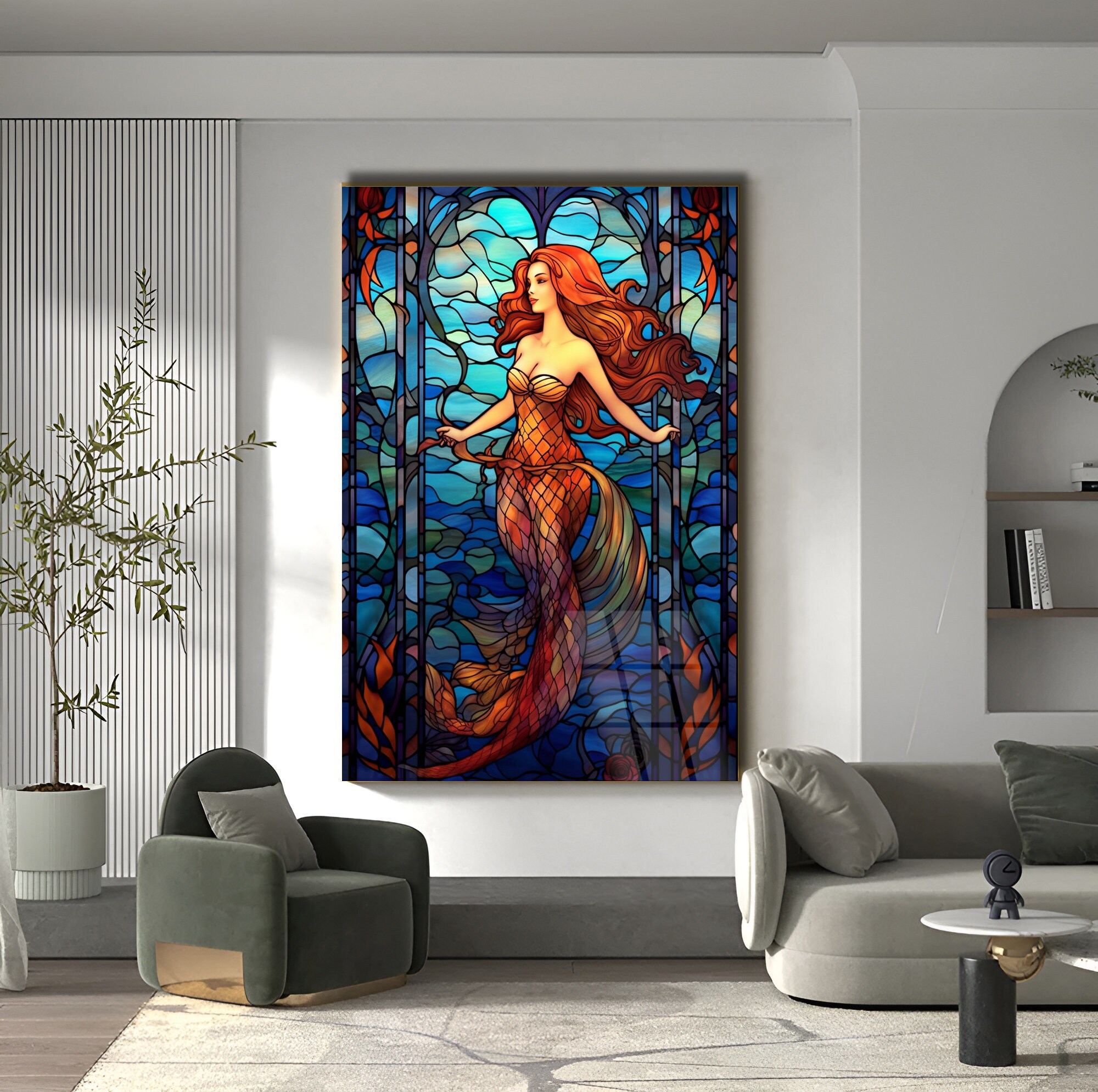 Mermaid Stained Glass Art, Stained Glass Art, Wall Hanging, Large Wall ...