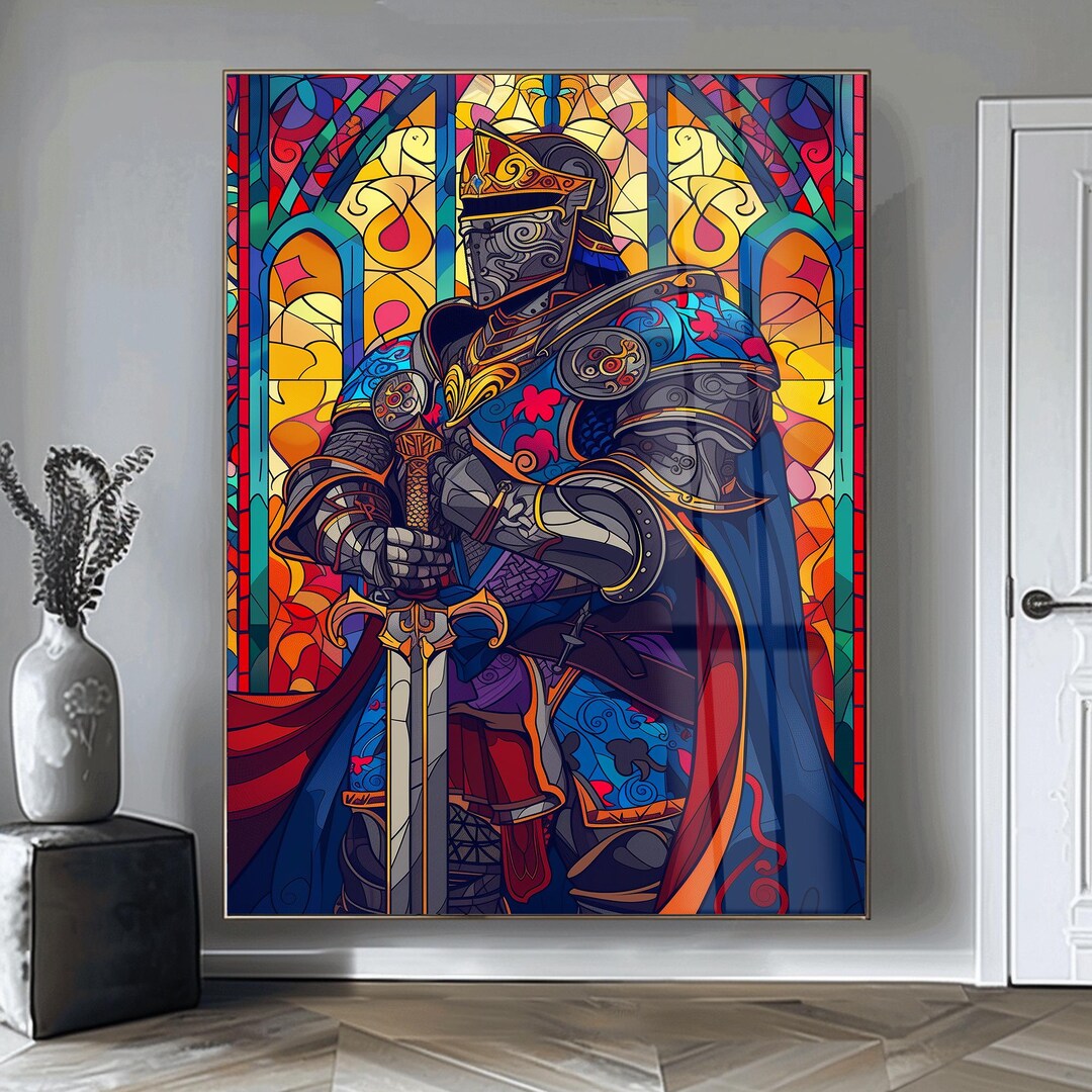 Knight Wall Art, Stained Glass Knight Decor, Medieval Warrior Artwork ...