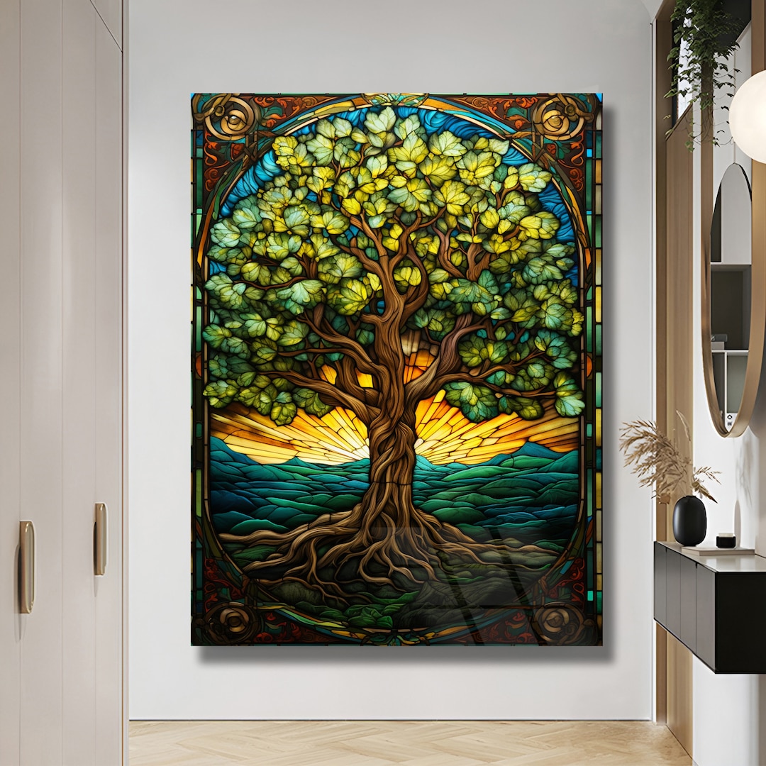 Tree of Life Stained Vertical Wall Art: Tempered Glass Framed Art - Etsy