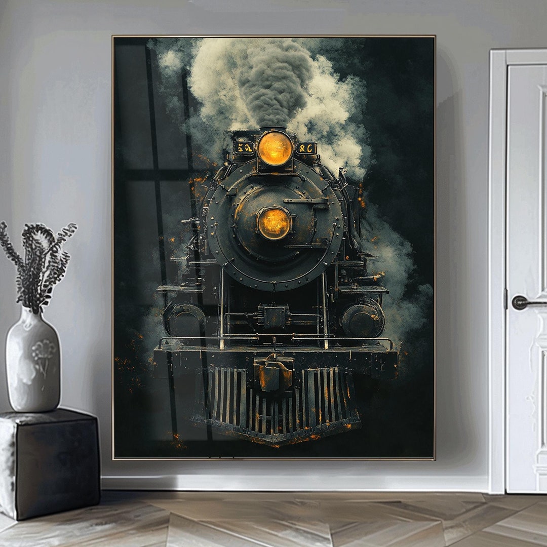 Steam Locomotive Wall Art Tempered Glass Art Framed Wall Art Interior ...