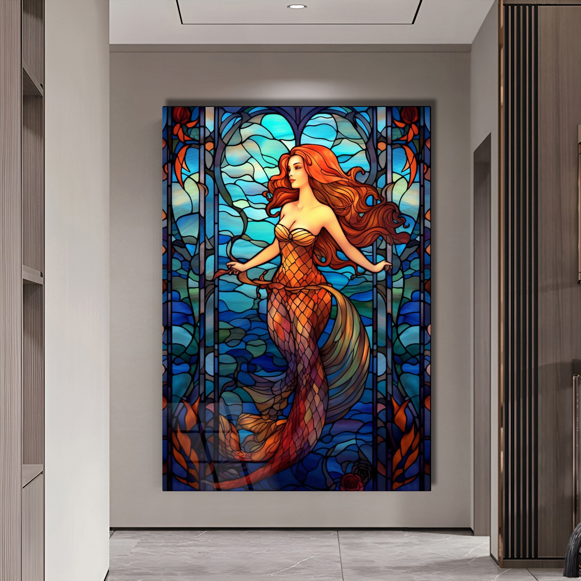 Mermaid Stained Glass Art, Stained Glass Art, Wall Hanging, Large Wall ...