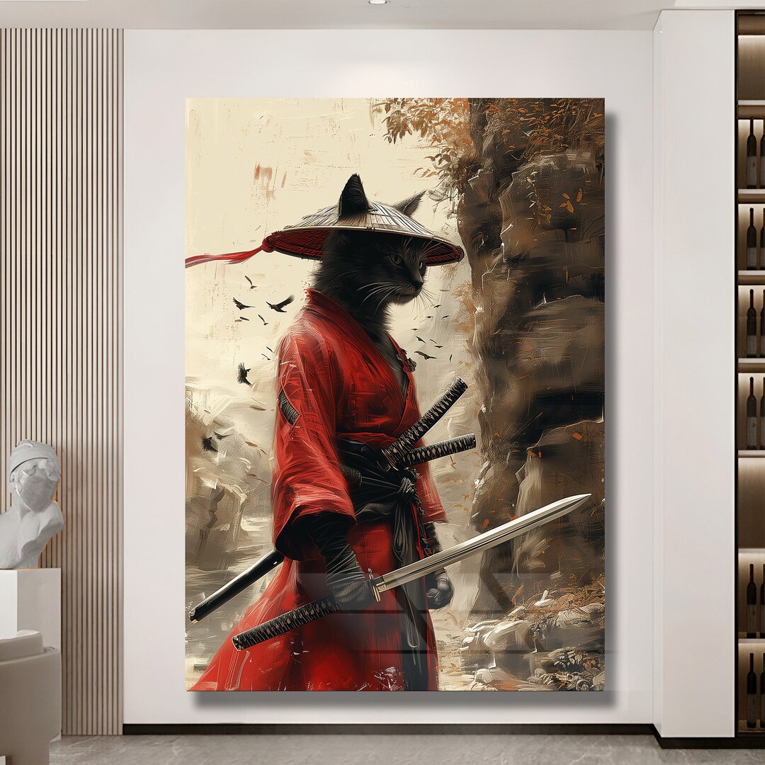 Samurai Cat Art, Samurai Art Abstract Animals Art Nursery Artwork Cat ...