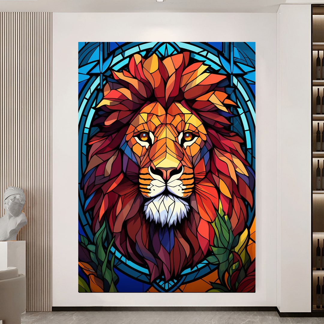 Lion Stained Glass Wall Art, Lion Glass Art, Office Decor, Animal Wall ...