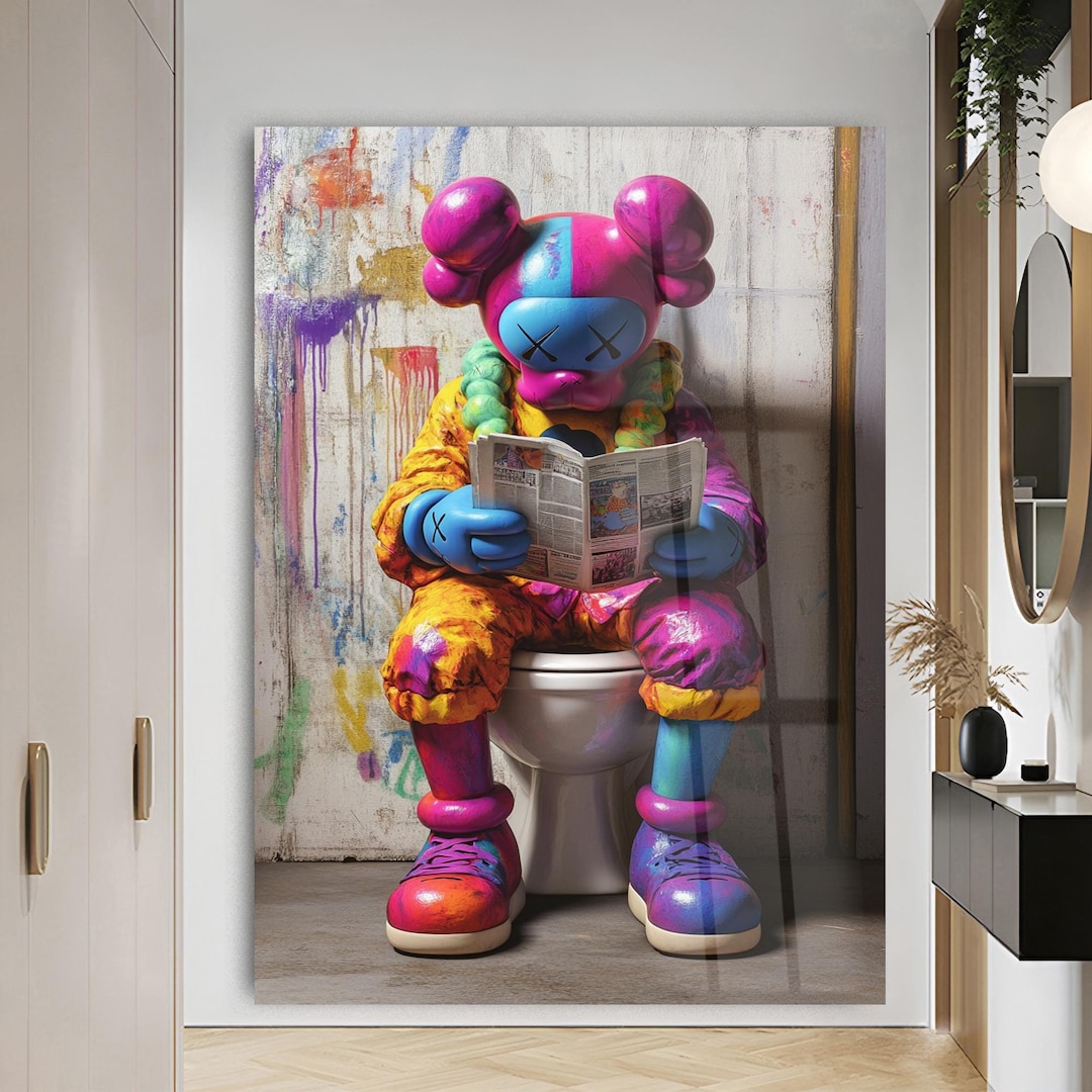 Kaws Bathroom Wall Art, Tempered Glass Art Funny Wall Decor Graffiti ...