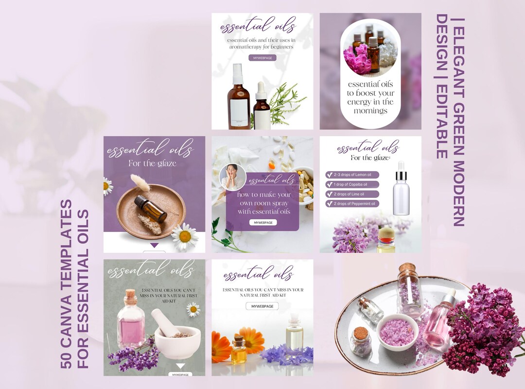 Essential Oils Templates (50) for Canva | Minimalist Green & Purple ...