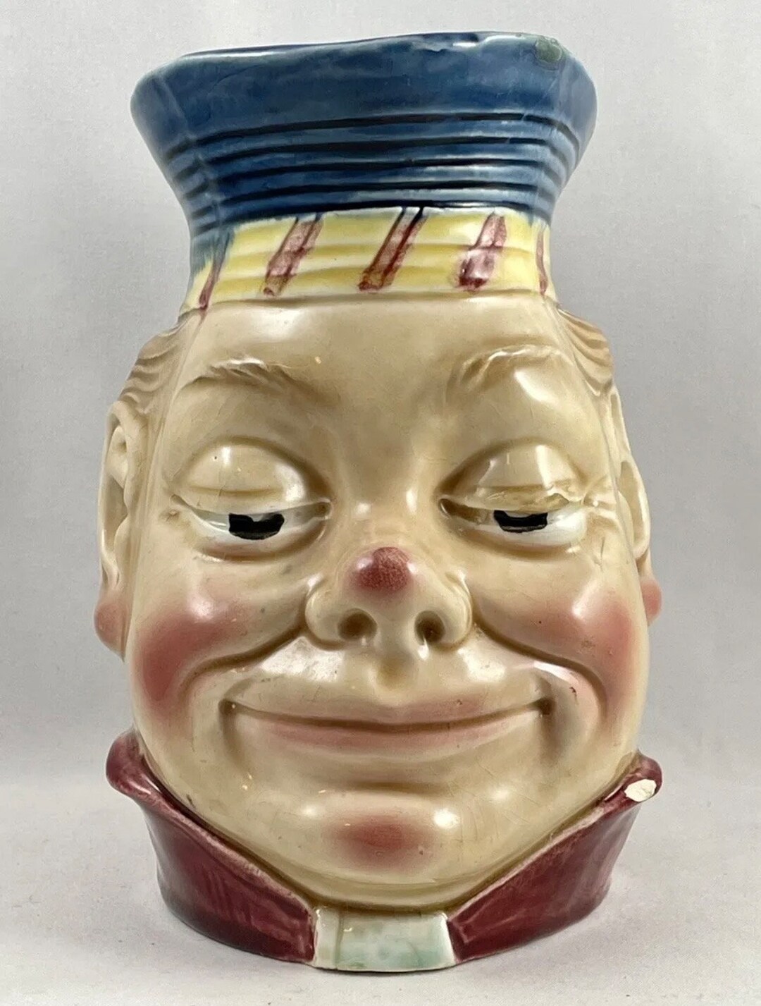 French Majolica Sarreguemines Style Character Face Jug Toby Blue ...