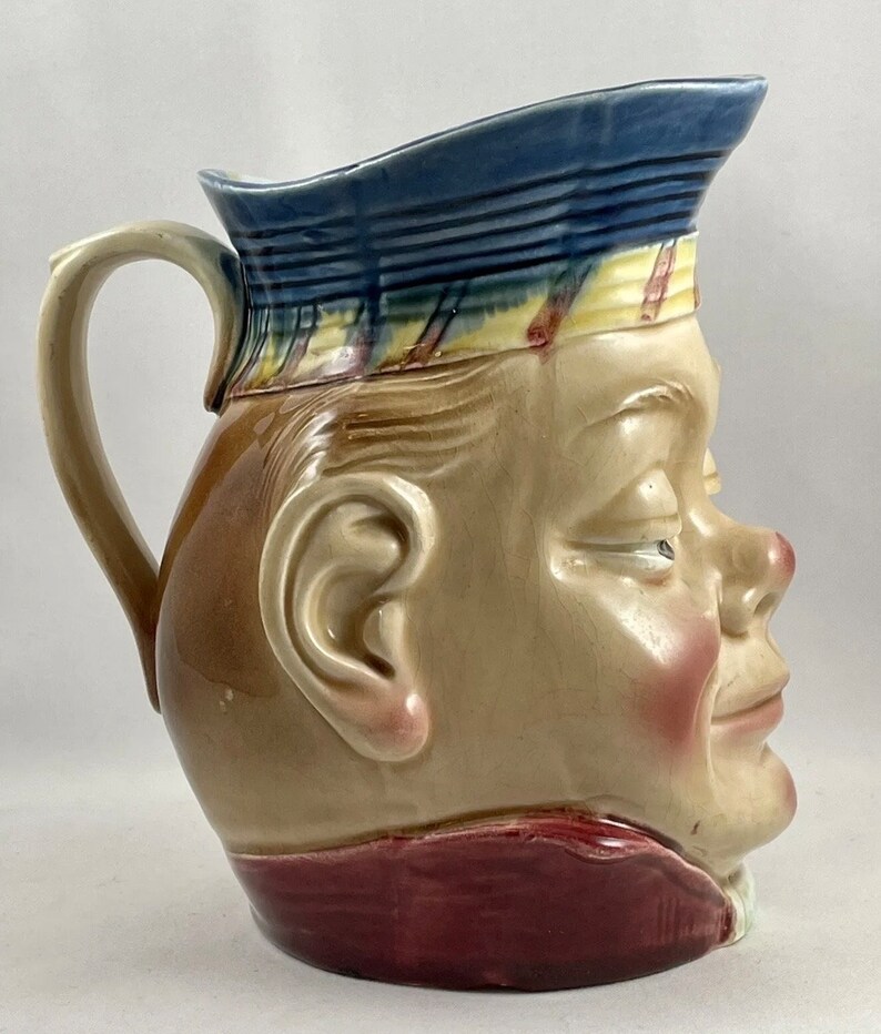 French Majolica Sarreguemines Style Character Face Jug Toby Blue ...