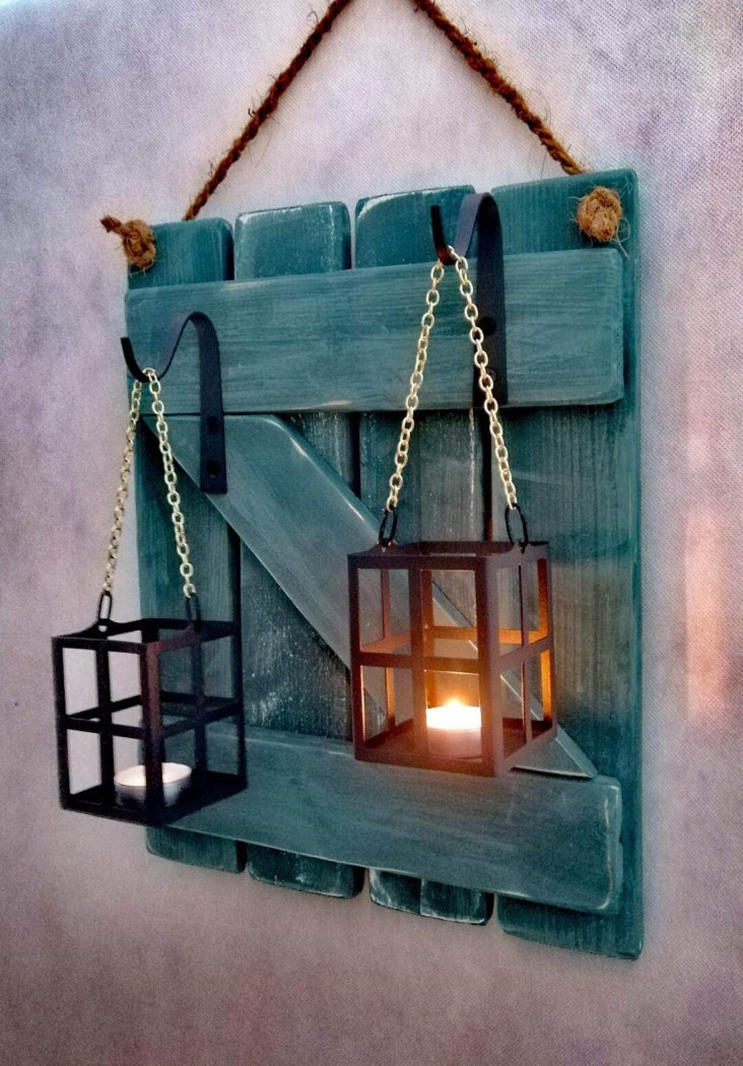 Set of 2 Lanterns on a Rustic Board. Rustic Candle Holder - Etsy